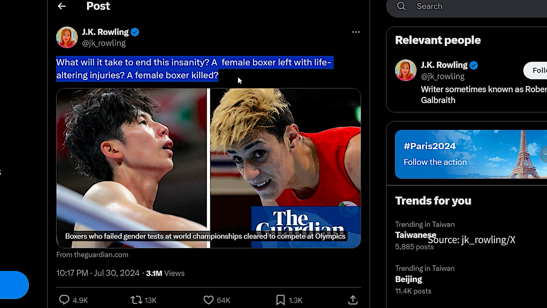 J.K. Rowling Slams Olympics Over Taiwanese Boxer Who Failed Gender Test ...